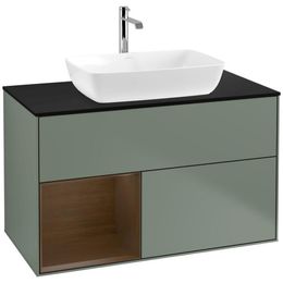 Villeroy & Boch Villeroy und Boch Finion Waschtischunterschrank F772GNGM 100cm, Abdeckplatte black matt, Regale Walnut Veneer, Olive Matt Lacquer