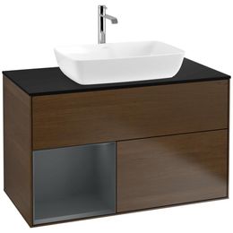Villeroy & Boch Villeroy und Boch Finion Waschtischunterschrank F772HGGN 100cm, Abdeckplatte black matt, Regale Midnight matt lacquer, Walnut veneer