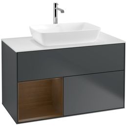 Villeroy & Boch Villeroy und Boch Finion Waschtischunterschrank F771GNHG 100cm, Abdeckplatte white matt, Regale Walnut Veneer, Midnight Blue Matt Lacquer