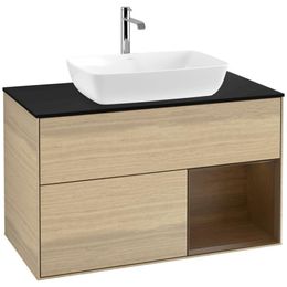 Villeroy & Boch Villeroy und Boch Finion Waschtischunterschrank F782GNPC 100cm, Abdeckplatte black matt, Regale Walnut Veneer, Oak Veneer