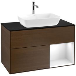 Villeroy & Boch Villeroy und Boch Finion Waschtischunterschrank F782GFGN 100cm, Abdeckplatte black matt, Regale Glossy white lacquer, Walnut veneer