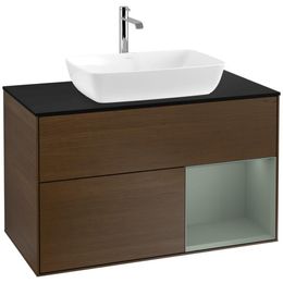 Villeroy & Boch Villeroy und Boch Finion Waschtischunterschrank F782GMGN 100cm, Abdeckplatte black matt, Regale Olive matt lacquer, Walnut veneer