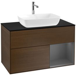Villeroy & Boch Villeroy und Boch Finion Waschtischunterschrank F782GKGN 100cm, Abdeckplatte black matt, Regale Anthracite matt lacquer, Walnut veneer