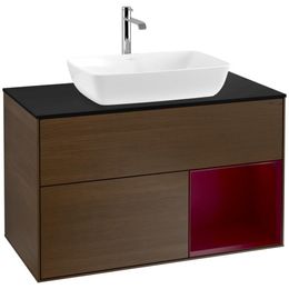 Villeroy & Boch Villeroy und Boch Finion Waschtischunterschrank F782HBGN 100cm, Abdeckplatte black matt, Regale Peony matt lacquer, Walnut veneer