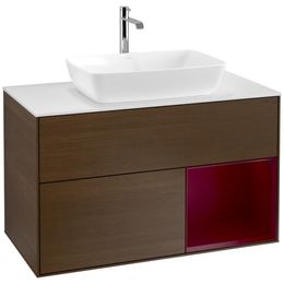 Villeroy & Boch Villeroy und Boch Finion Waschtischunterschrank F781HBGN 100cm, Abdeckplatte white matt, Regale Peony matt lacquer, Walnut veneer