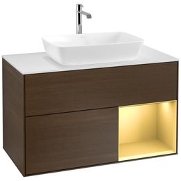 Villeroy & Boch Villeroy und Boch Finion Waschtischunterschrank F781HFGN 100cm, Abdeckplatte white matt, Regale Gold matt lacquer, Walnut veneer