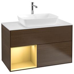 Villeroy & Boch Villeroy und Boch Finion Waschtischunterschrank G771HFGN 100cm, Abdeckplatte white matt, Emotion, Regale Gold matt lacquer, Walnut veneer