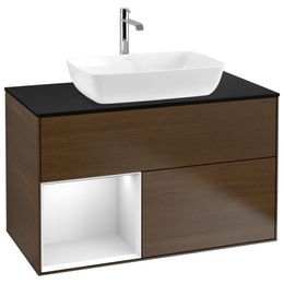 Villeroy & Boch Villeroy und Boch Finion Waschtischunterschrank G772MTGN 100cm, Abdeckplatte black matt, Emotion, Regale White matt lacquer, Walnut veneer