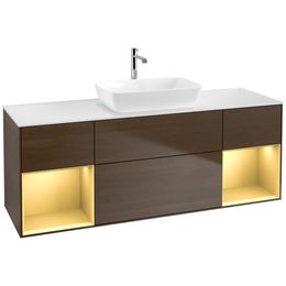 Villeroy & Boch Villeroy und Boch Finion Waschtischunterschrank F861HFGN 160cm, Abdeckplatte white matt, Regale Gold matt lacquer, Walnut veneer