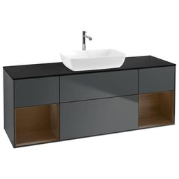 Villeroy & Boch Villeroy und Boch Finion Waschtischunterschrank G862GNHG 160cm, Abdeckplatte black matt, Emotion, Regale Walnut Veneer, Midnight Blue Matt Lacquer