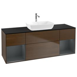 Villeroy & Boch Villeroy und Boch Finion Waschtischunterschrank G862HGGN 160cm, Abdeckplatte black matt, Emotion, Regale Midnight matt lacquer, Walnut veneer