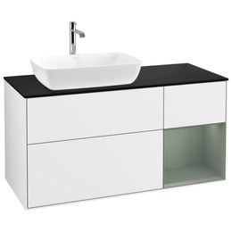 Villeroy & Boch Villeroy und Boch Finion Waschtischunterschrank G812GMGF 120cm, Abdeckplatte black matt, Emotion, Regale Olive matt lacquer, Glossy white lacquer