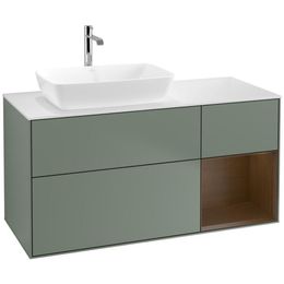 Villeroy & Boch Villeroy und Boch Finion Waschtischunterschrank F811GNGM 120cm, Abdeckplatte white matt, Regale Walnut Veneer, Olive Matt Lacquer