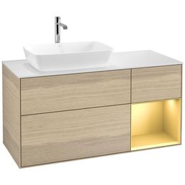 Villeroy & Boch Villeroy und Boch Finion Waschtischunterschrank F811HFPC 120cm, Abdeckplatte white matt, Regale Gold matt lacquer, Oak Veneer