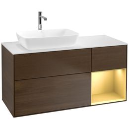 Villeroy & Boch Villeroy und Boch Finion Waschtischunterschrank F811HFGN 120cm, Abdeckplatte white matt, Regale Gold matt lacquer, Walnut veneer