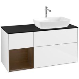 Villeroy & Boch Villeroy und Boch Finion Waschtischunterschrank F802GNGF 120cm, Abdeckplatte black matt, Regale Walnut Veneer, Glossy white lacquer