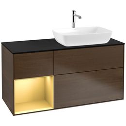 Villeroy & Boch Villeroy und Boch Finion Waschtischunterschrank F802HFGN 120cm, Abdeckplatte black matt, Regale Gold matt lacquer, Walnut veneer