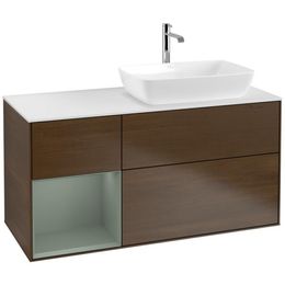 Villeroy & Boch Villeroy und Boch Finion Waschtischunterschrank F801GMGN 120cm, Abdeckplatte white matt, Regale Olive matt lacquer, Walnut veneer