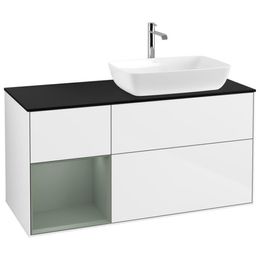 Villeroy & Boch Villeroy und Boch Finion Waschtischunterschrank G802GMGF 120cm, Abdeckplatte black matt, Emotion, Regale Olive matt lacquer, Glossy white lacquer