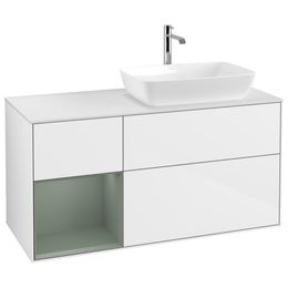Villeroy & Boch Villeroy und Boch Finion Waschtischunterschrank G801GMGF 120cm, Abdeckplatte white matt, Emotion, Regale Olive matt lacquer, Glossy white lacquer
