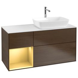 Villeroy & Boch Villeroy und Boch Finion Waschtischunterschrank G801HFGN 120cm, Abdeckplatte white matt, Emotion, Regale Gold matt lacquer, Walnut veneer
