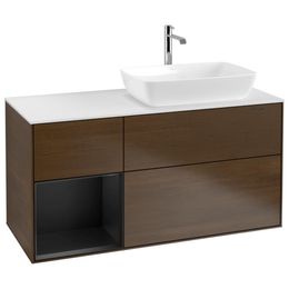 Villeroy & Boch Villeroy und Boch Finion Waschtischunterschrank G801PDGN 120cm, Abdeckplatte white matt, Emotion, Regale Black matt lacquer, Walnut veneer