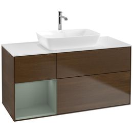 Villeroy & Boch Villeroy und Boch Finion Waschtischunterschrank F821GMGN 120cm, Abdeckplatte white matt, Regale Olive matt lacquer, Walnut veneer