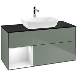 Villeroy & Boch Villeroy und Boch Finion Waschtischunterschrank F822GFGM 120cm, Abdeckplatte black matt, Regale Glossy white lacquer, Olive Matt Lacquer