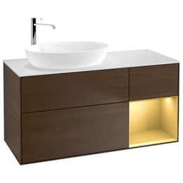 Villeroy & Boch Villeroy und Boch Finion Waschtischunterschrank F931HFGN 120cm, Abdeckplatte white matt, Regale Gold matt lacquer, Walnut veneer