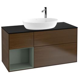 Villeroy & Boch Villeroy und Boch Finion Waschtischunterschrank F942GMGN 120cm, Abdeckplatte black matt, Regale Olive matt lacquer, Walnut veneer