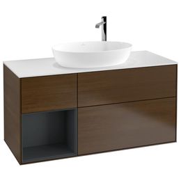 Villeroy & Boch Villeroy und Boch Finion Waschtischunterschrank F941HGGN 120cm, Abdeckplatte white matt, Regale Midnight matt lacquer, Walnut veneer