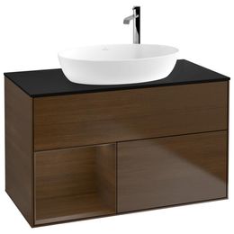 Villeroy & Boch Villeroy und Boch Finion Waschtischunterschrank F892GNGN 100cm, Abdeckplatte black matt, Regale Walnut Veneer, Walnut veneer