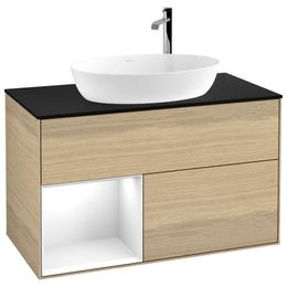 Villeroy & Boch Villeroy und Boch Finion Waschtischunterschrank F892GFPC 100cm, Abdeckplatte black matt, Regale Glossy white lacquer, Oak Veneer