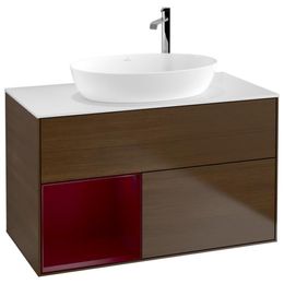 Villeroy & Boch Villeroy und Boch Finion Waschtischunterschrank F891HBGN 100cm, Abdeckplatte white matt, Regale Peony matt lacquer, Walnut veneer