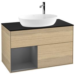 Villeroy & Boch Villeroy und Boch Finion Waschtischunterschrank F892GKPC 100cm, Abdeckplatte black matt, Regale Anthracite matt lacquer, Oak Veneer