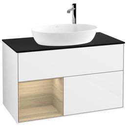 Villeroy & Boch Villeroy und Boch Finion Waschtischunterschrank F892PCGF 100cm, Abdeckplatte black matt, Regale Oak Veneer, Glossy white lacquer