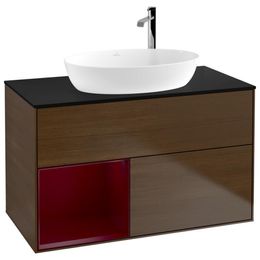 Villeroy & Boch Villeroy und Boch Finion Waschtischunterschrank F892HBGN 100cm, Abdeckplatte black matt, Regale Peony matt lacquer, Walnut veneer