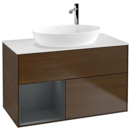 Villeroy & Boch Villeroy und Boch Finion Waschtischunterschrank F891HGGN 100cm, Abdeckplatte white matt, Regale Midnight matt lacquer, Walnut veneer