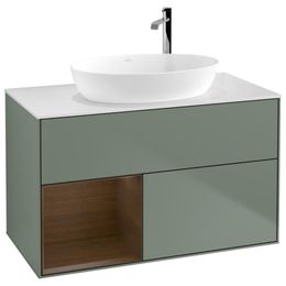 Villeroy & Boch Villeroy und Boch Finion Waschtischunterschrank F891GNGM 100cm, Abdeckplatte white matt, Regale Walnut Veneer, Olive Matt Lacquer