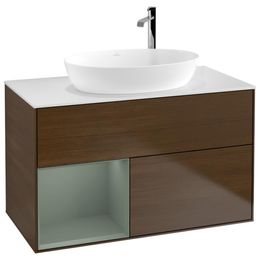 Villeroy & Boch Villeroy und Boch Finion Waschtischunterschrank F891GMGN 100cm, Abdeckplatte white matt, Regale Olive matt lacquer, Walnut veneer