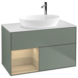 Villeroy & Boch Villeroy und Boch Finion Waschtischunterschrank F891PCGM 100cm, Abdeckplatte white matt, Regale Oak Veneer, Olive Matt Lacquer