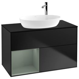 Villeroy & Boch Villeroy und Boch Finion Waschtischunterschrank G892GMPD 100cm, Abdeckplatte black matt, Emotion, Regale Olive matt lacquer, Black matt lacquer