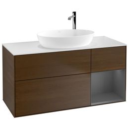 Villeroy & Boch Villeroy und Boch Finion Waschtischunterschrank F951GKGN 120cm, Abdeckplatte white matt, Regale Anthracite matt lacquer, Walnut veneer