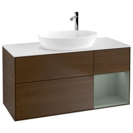 Villeroy & Boch Villeroy und Boch Finion Waschtischunterschrank F951GMGN 120cm, Abdeckplatte white matt, Regale Olive matt lacquer, Walnut veneer