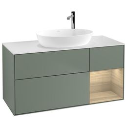 Villeroy & Boch Villeroy und Boch Finion Waschtischunterschrank F951PCGM 120cm, Abdeckplatte white matt, Regale Oak Veneer, Olive Matt Lacquer