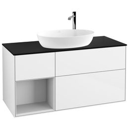 Villeroy & Boch Villeroy und Boch Finion Waschtischunterschrank G942MTGF 120cm, Abdeckplatte black matt, Emotion, Regale White matt lacquer, Glossy white lacquer