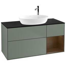 Villeroy & Boch Villeroy und Boch Finion Waschtischunterschrank F952GNGM 120cm, Abdeckplatte black matt, Regale Walnut Veneer, Olive Matt Lacquer