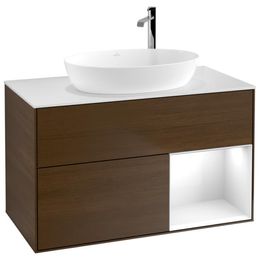 Villeroy & Boch Villeroy und Boch Finion Waschtischunterschrank G901GFGN 100cm, Abdeckplatte white matt, Emotion, Regale Glossy white lacquer, Walnut veneer