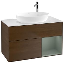 Villeroy & Boch Villeroy und Boch Finion Waschtischunterschrank G901GMGN 100cm, Abdeckplatte white matt, Emotion, Regale Olive matt lacquer, Walnut veneer
