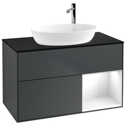 Villeroy & Boch Villeroy und Boch Finion Waschtischunterschrank F902GFHG 100cm, Abdeckplatte black matt, Regale Glossy white lacquer, Midnight Blue Matt Lacquer